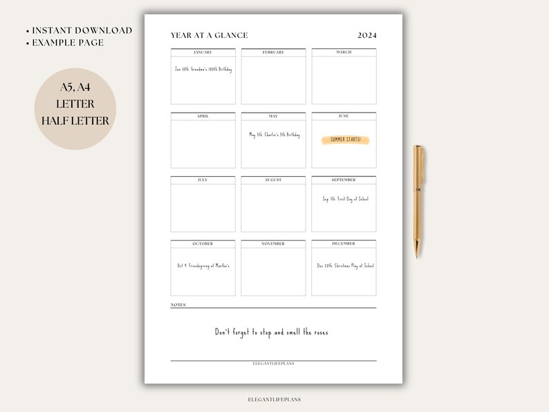 2024 Year at a Glance Printable Planner Template, Annual Overview on ...