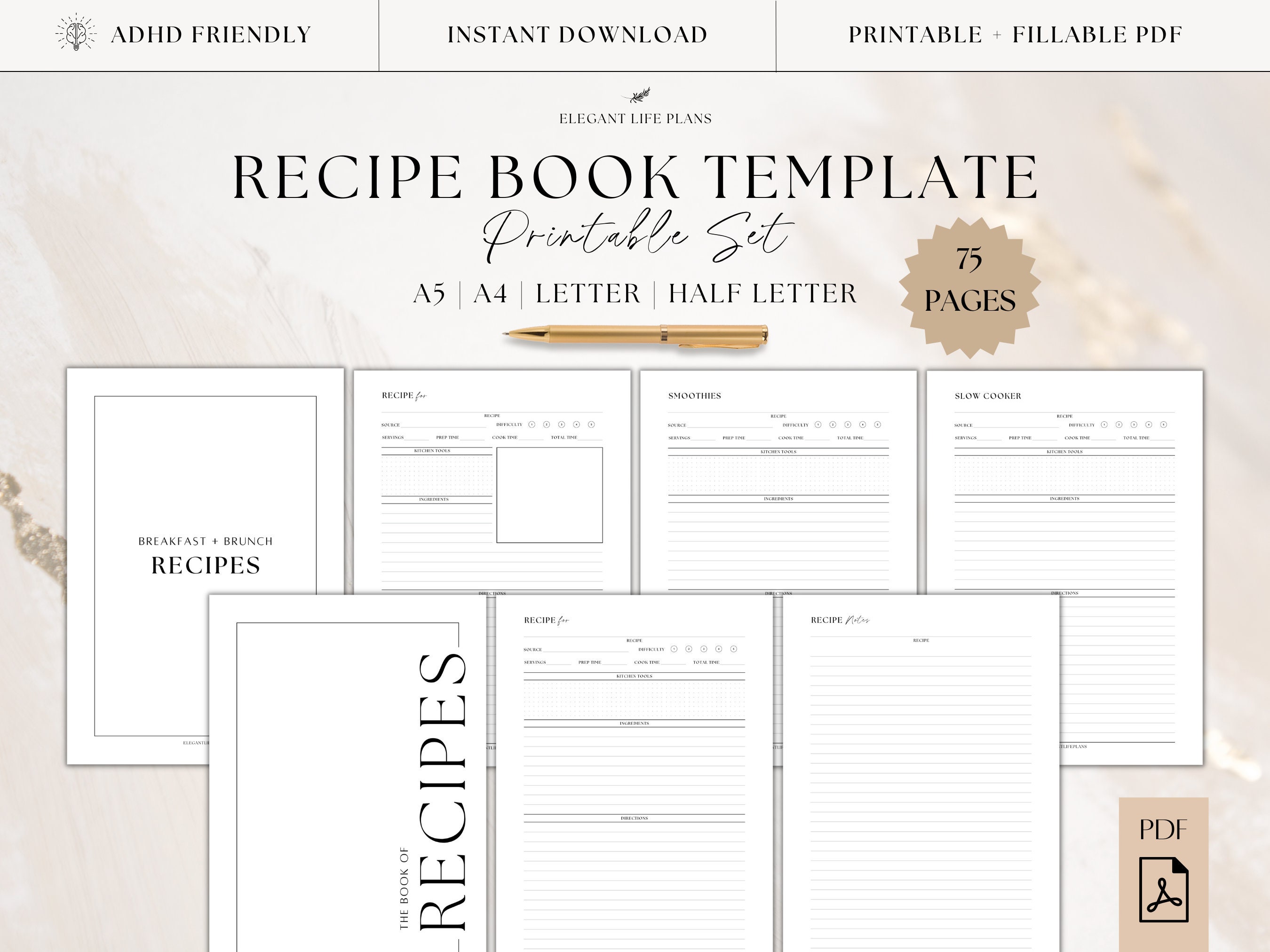 Printable Recipe Book Template, Cookbook Template, Recipe Page Template ...