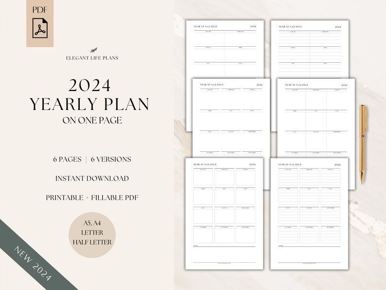 2024 Year at a Glance Printable Planner Template, Annual Overview on ...