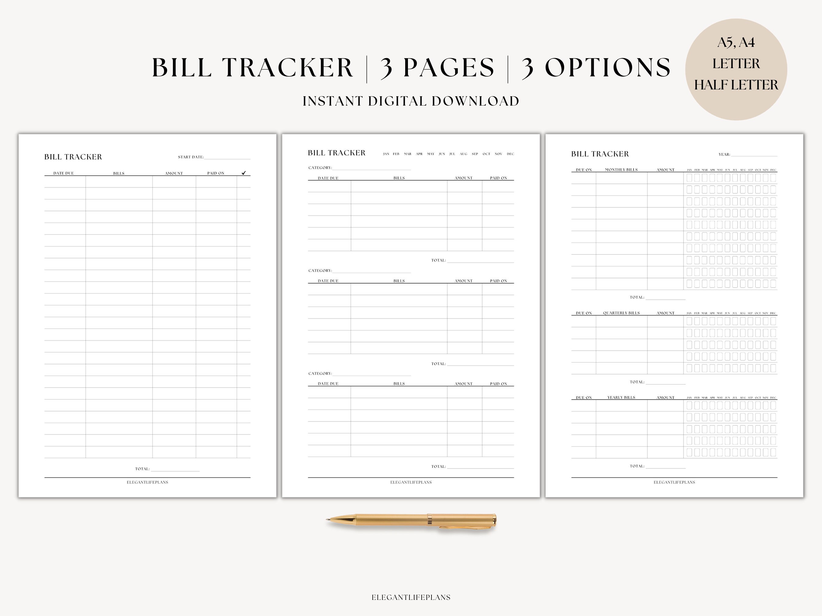 Bill Tracker Printable Planner, Monthly, Quartly, Yearly, Payment ...