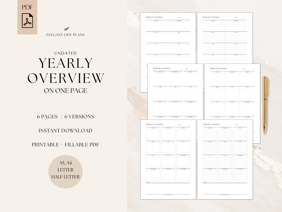 Year at a Glance Printable, Undated Annual Planner, Minimalist Yearly ...