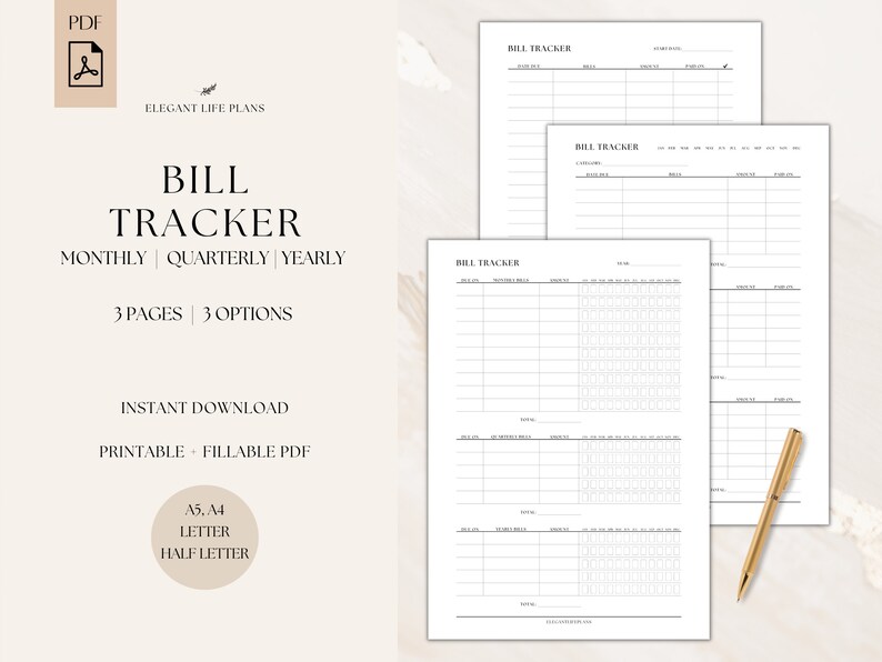 Bill Tracker Printable Planner, Monthly, Quartly, Yearly, Payment ...