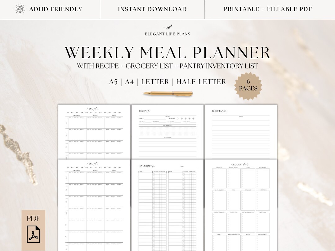 Weekly Meal Planner Printable, Meal Prep, Recipe Page Template, Grocery ...