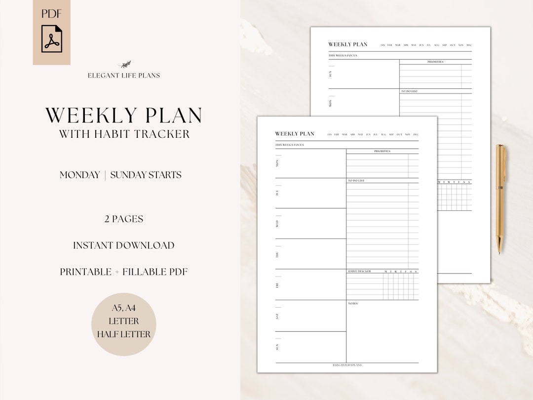 Weekly Planner With Habit Tracker Printable, Mon Sun Start, Week at a ...
