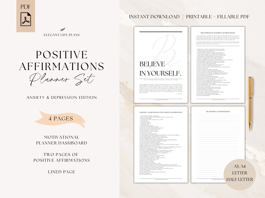 Positive Affirmations Printable Set for Health and Wellness, Daily ...