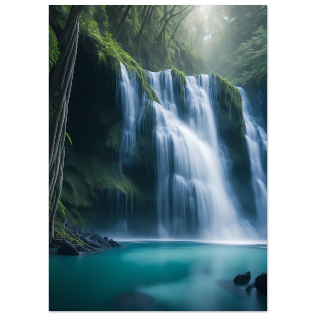 Majestic Waterfall Cascade Art Print - Tropical Rainforest Wall Art ...
