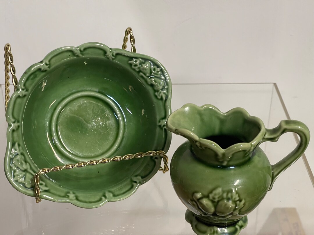 Camark Pottery Ceramic Green Glaze Vintage Pitcher and Bowl. Signature ...