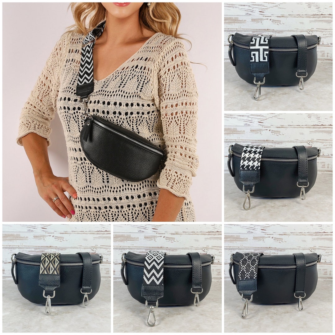 Black Leather Fanny Pack Women, Shoulder Bag With Wide Strap Women ...