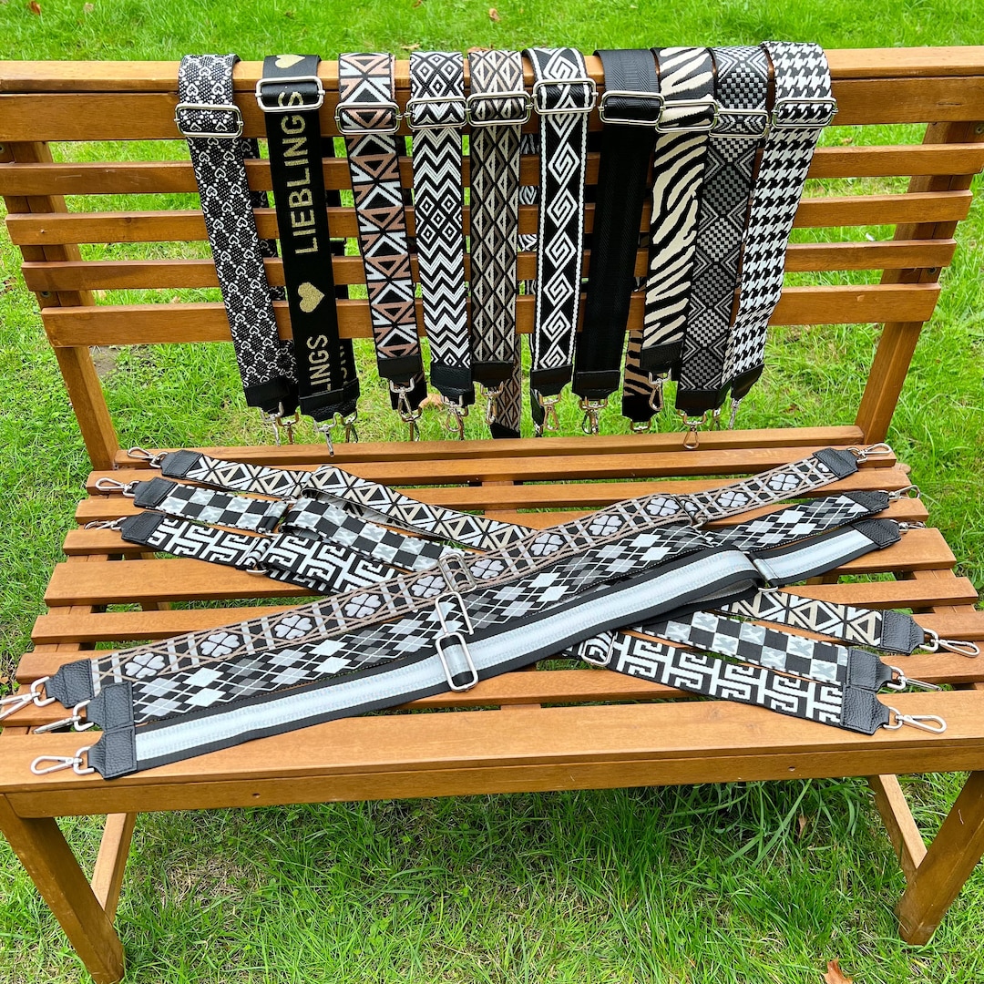 Black Bag Strap Silver Hardware, Wide Shoulder Strap, Fabric Patterned ...