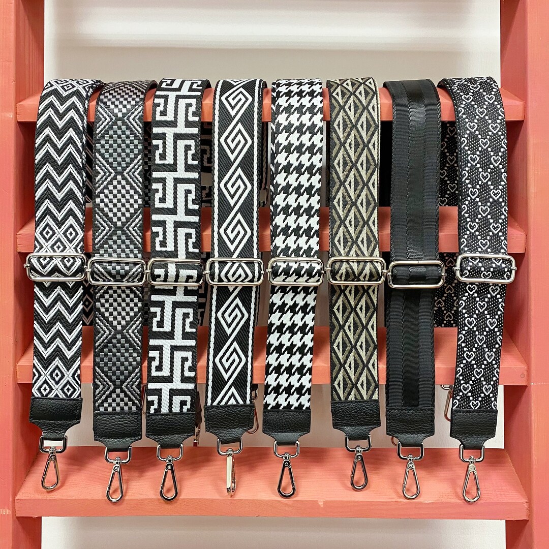 Black Bag Strap Silver Hardware, Wide Shoulder Strap, Fabric Patterned ...