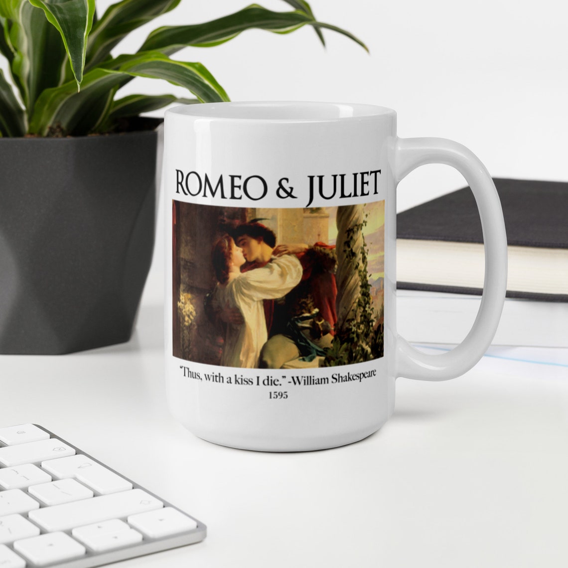 Shakespeare Romeo and Juliet White Glossy Mug | Thus With a Kiss Mug ...