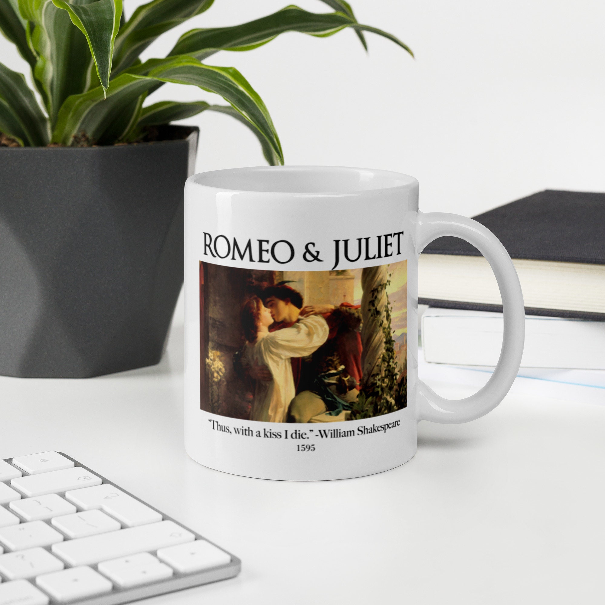 Shakespeare Romeo and Juliet White Glossy Mug | Thus With a Kiss Mug ...