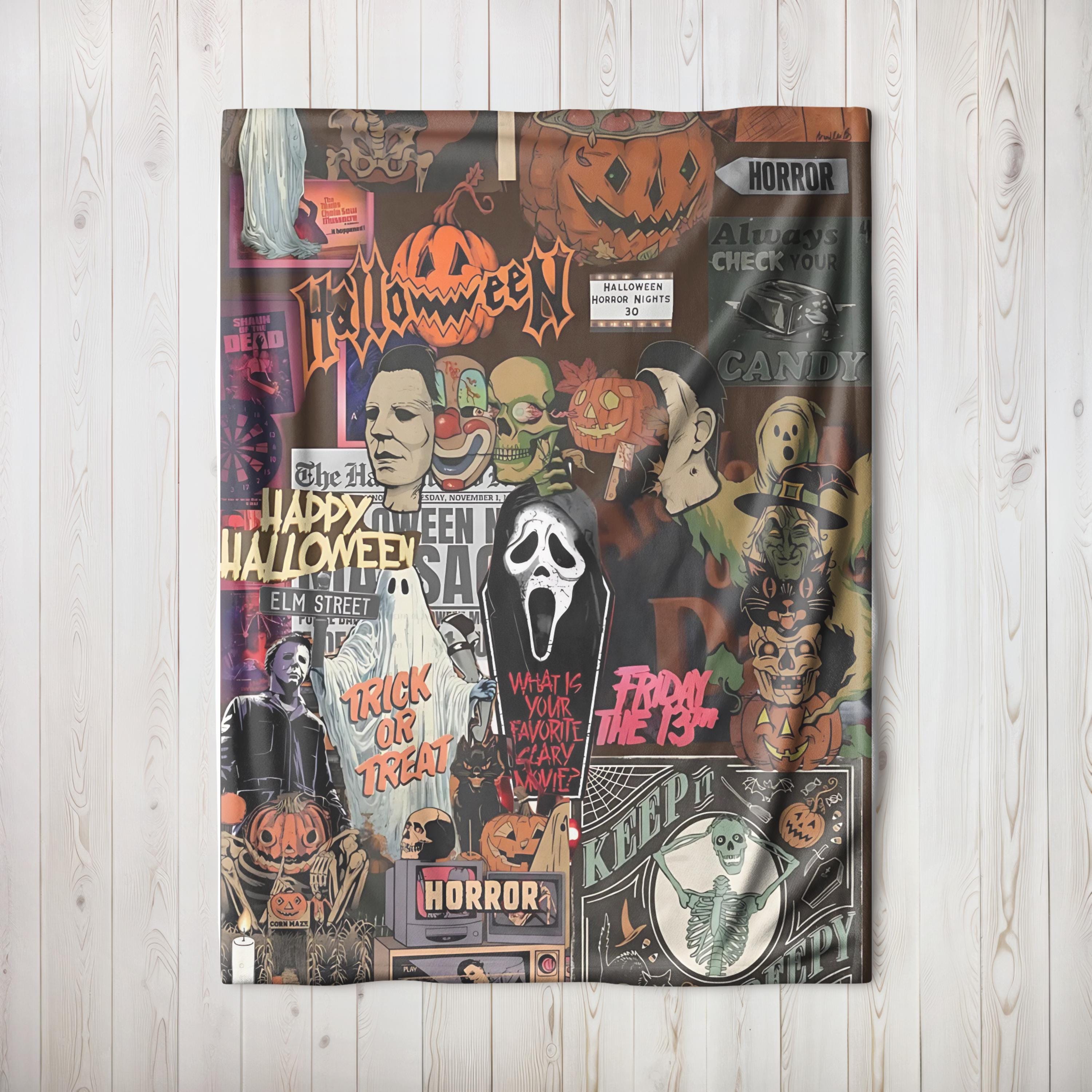 Retro Horror Halloween Cozy Woven Blanket, Horror Movie Enjoyer ...