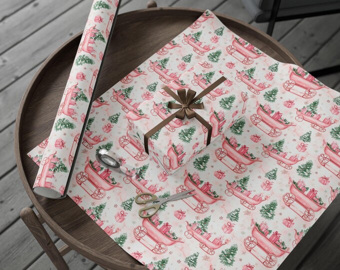 Pink Christmas Gift Wrap, Winter Scene Wrapping Paper, Pink Holiday ...