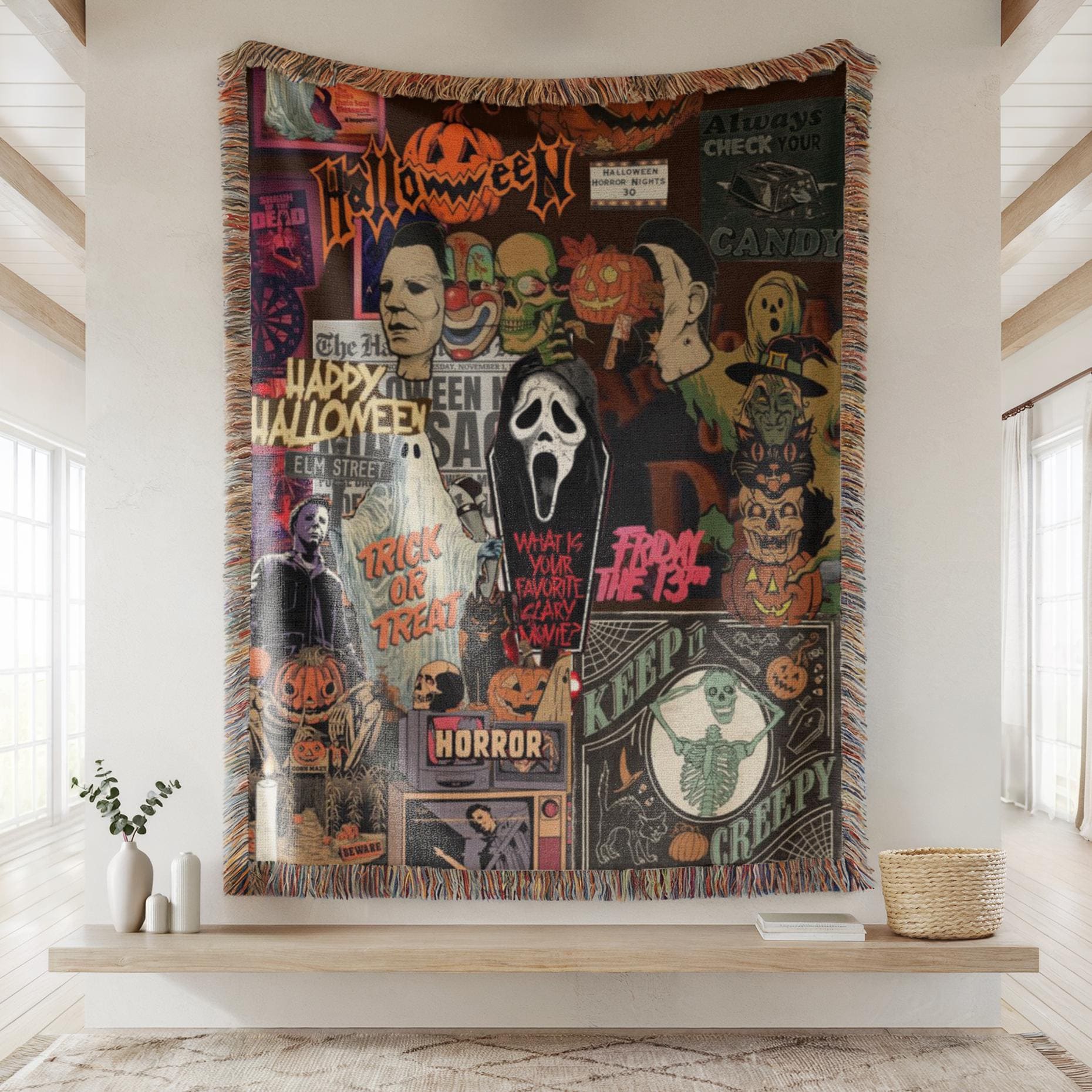 Retro Horror Halloween Cozy Woven Blanket, Horror Movie Enjoyer ...