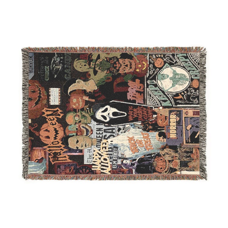 Retro Horror Halloween Cozy Woven Blanket, Horror Movie Enjoyer ...