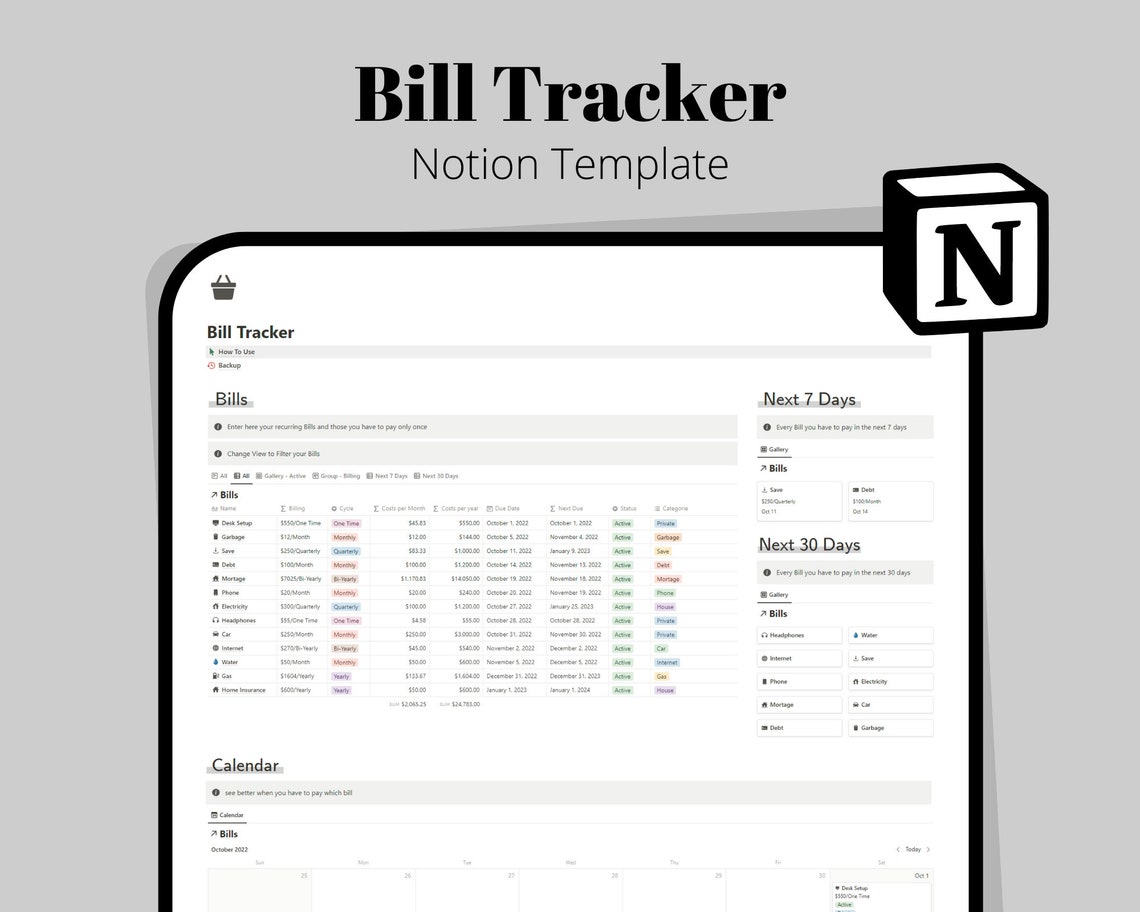 Bill Tracker, Digital All-in-one Digital Dashboard, Notion Template - Etsy