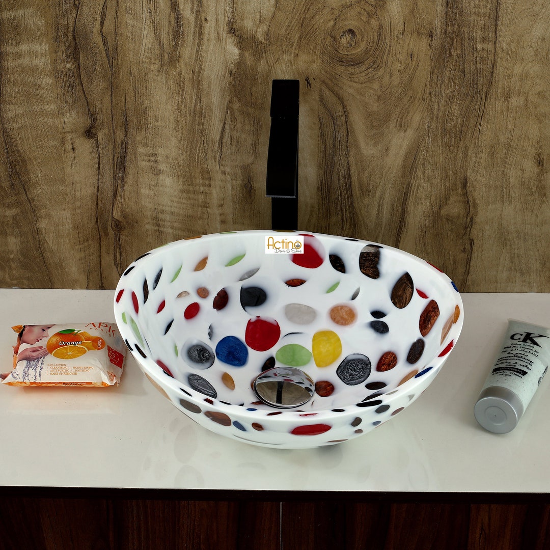 White Multi Handmade Bathroom Sink, Stylish Wash Basin, Colourful Wash ...