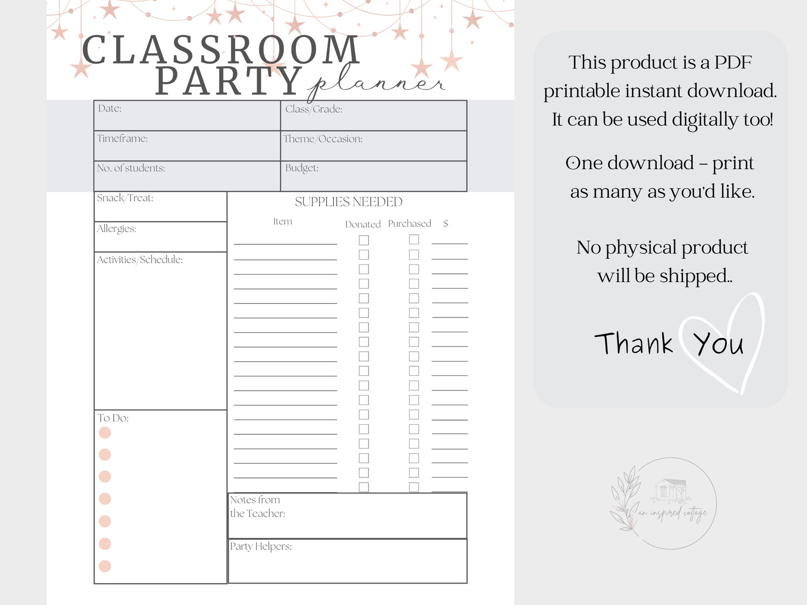 Classroom Party Planner, INSTANT DOWNLOAD, School Party Planner ...