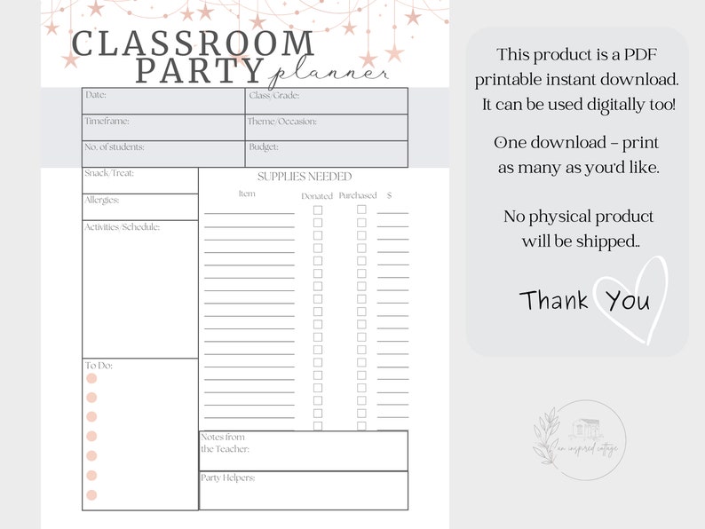Classroom Party Planner, INSTANT DOWNLOAD, School Party Planner ...