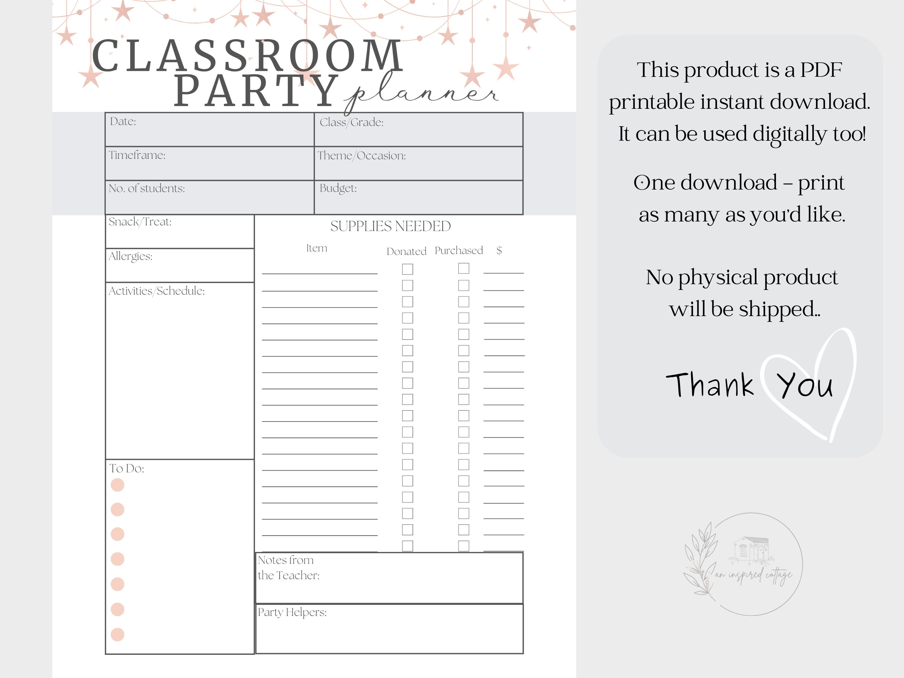 Classroom Party Planner, INSTANT DOWNLOAD, School Party Planner ...