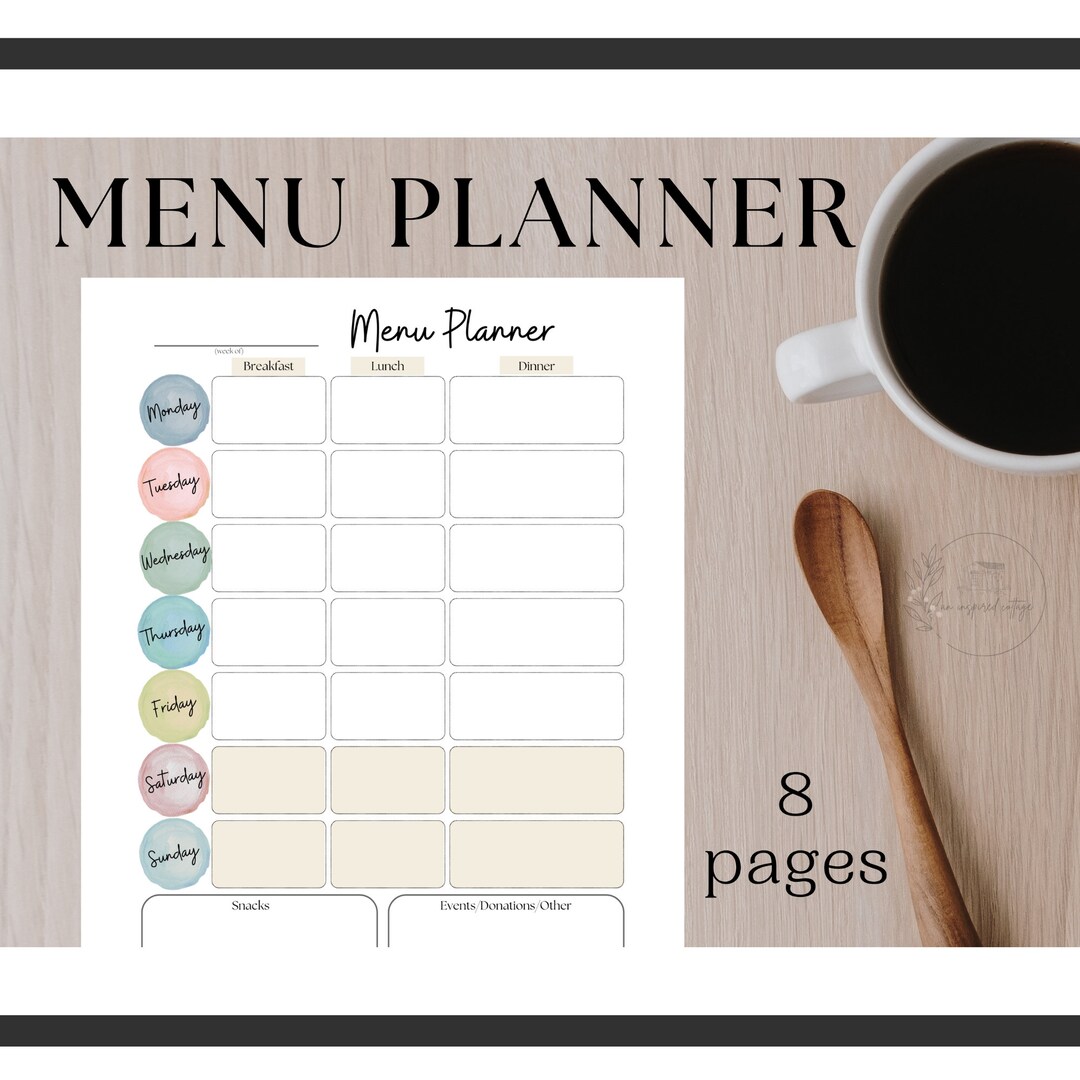 Menu Planner, INSTANT DOWNLOAD, PDF Planner Printable, Meal Planner ...