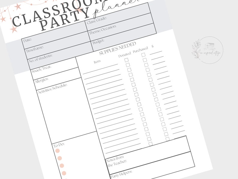 Classroom Party Planner, INSTANT DOWNLOAD, School Party Planner ...
