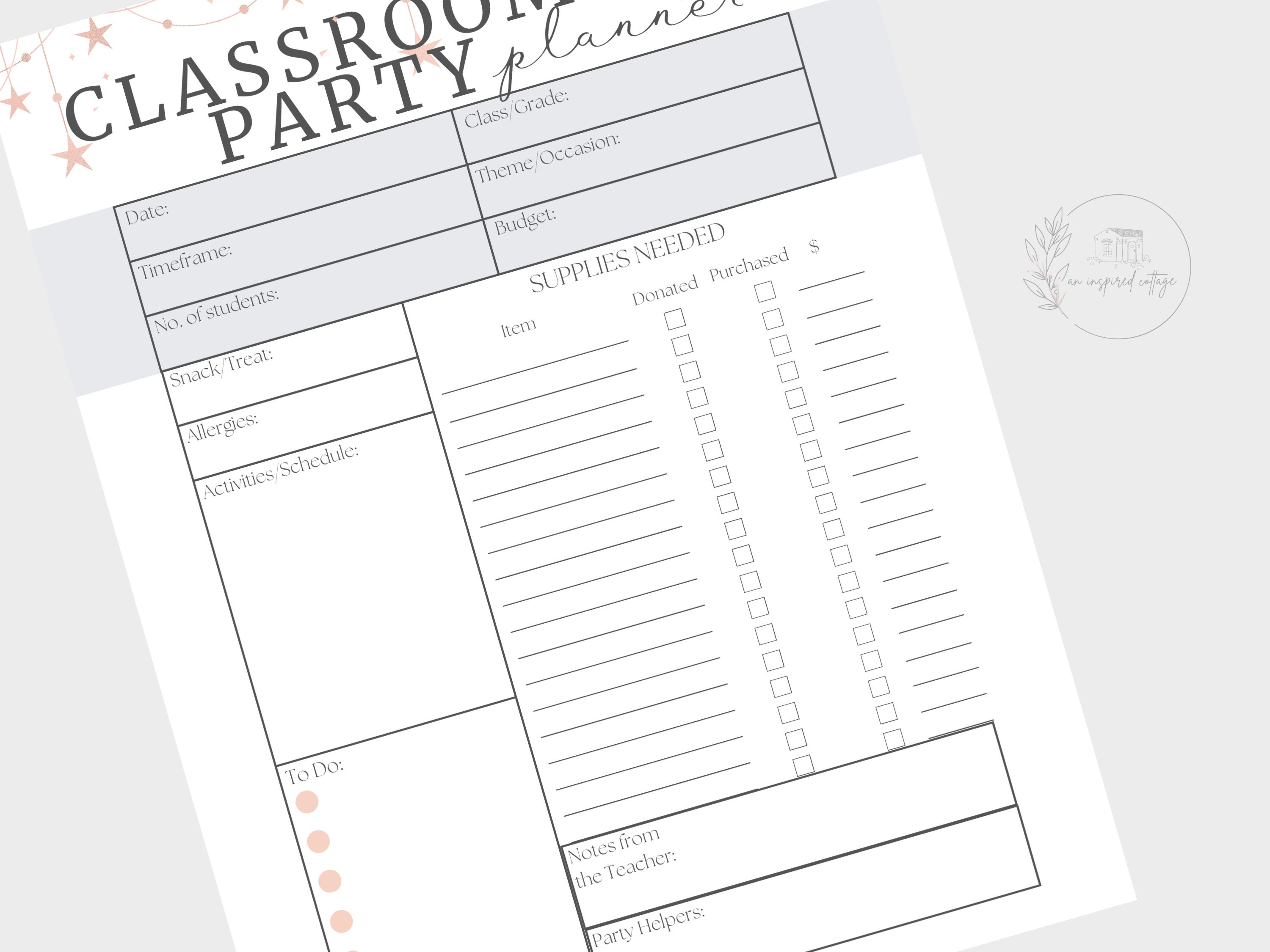 Classroom Party Planner, INSTANT DOWNLOAD, School Party Planner ...