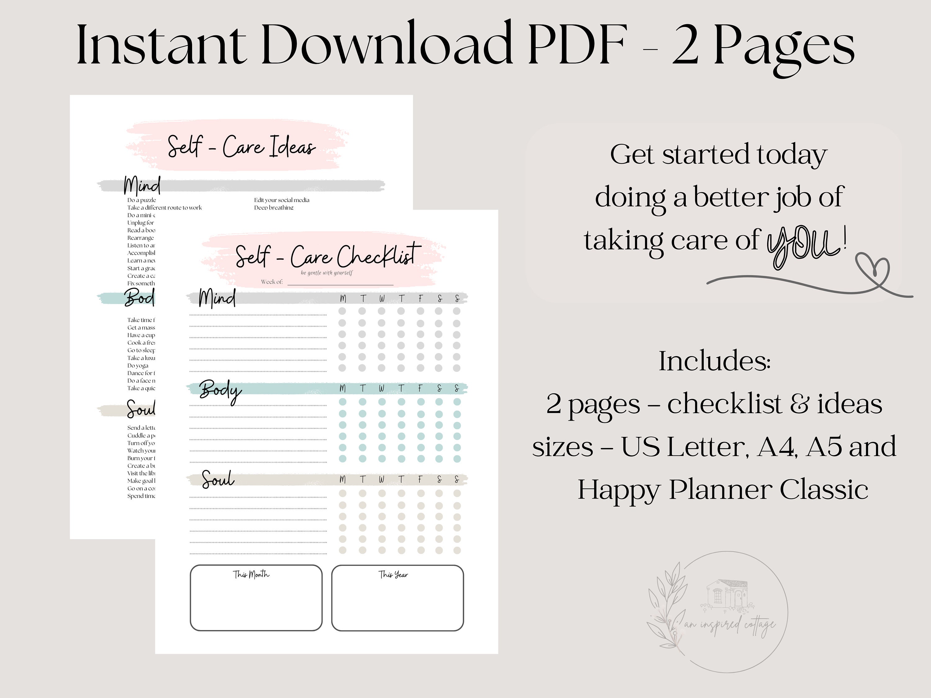 Self-care Weekly Checklist, INSTANT DOWNLOAD, Self-care Planner, Mental ...