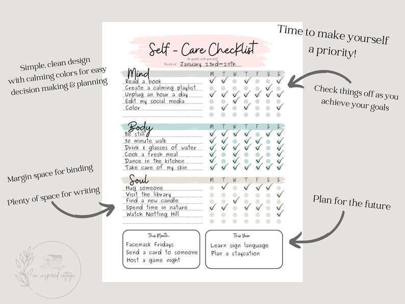 Self-care Weekly Checklist, INSTANT DOWNLOAD, Self-care Planner, Mental ...