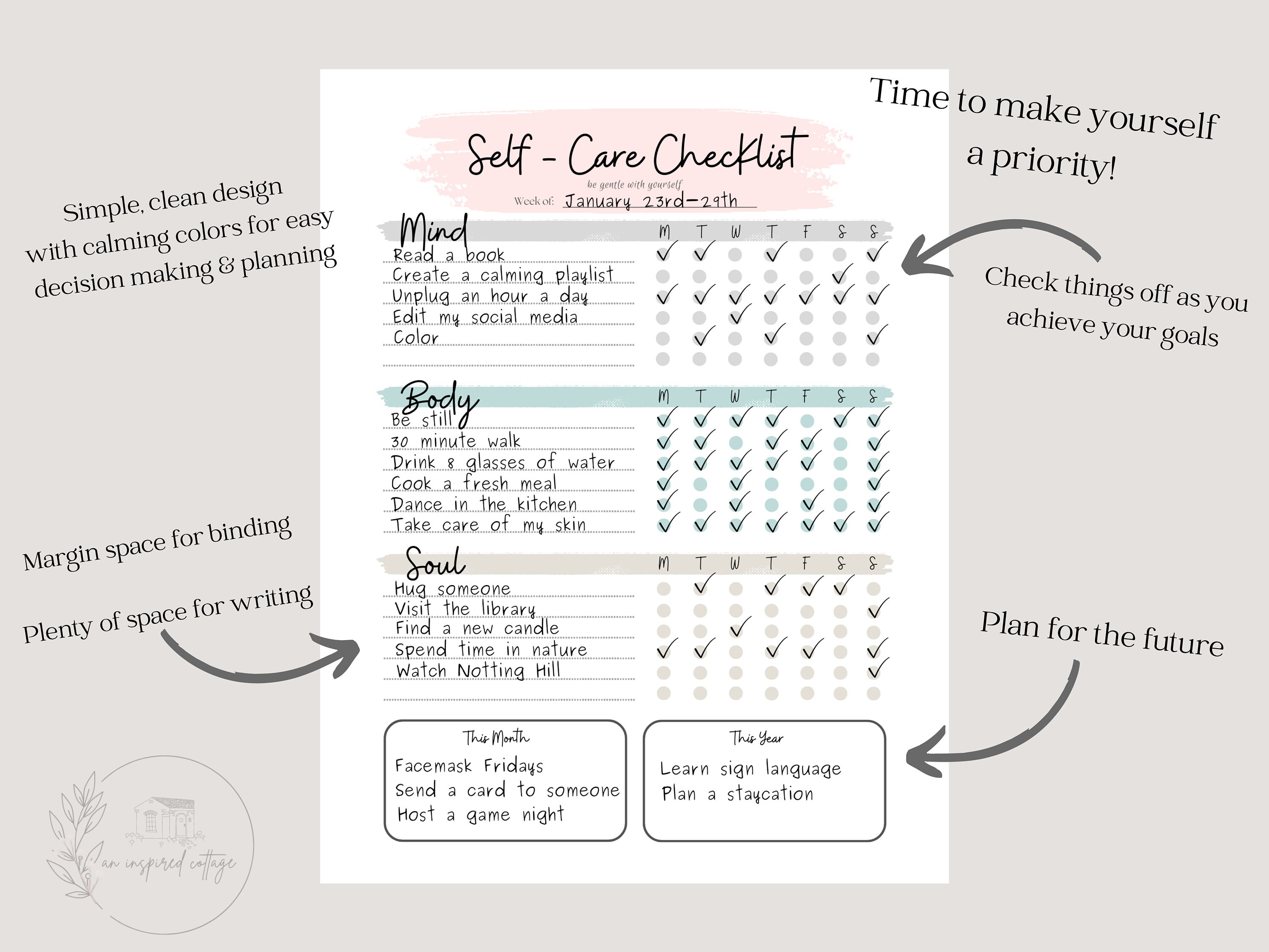 Self-care Weekly Checklist, INSTANT DOWNLOAD, Self-care Planner, Mental ...
