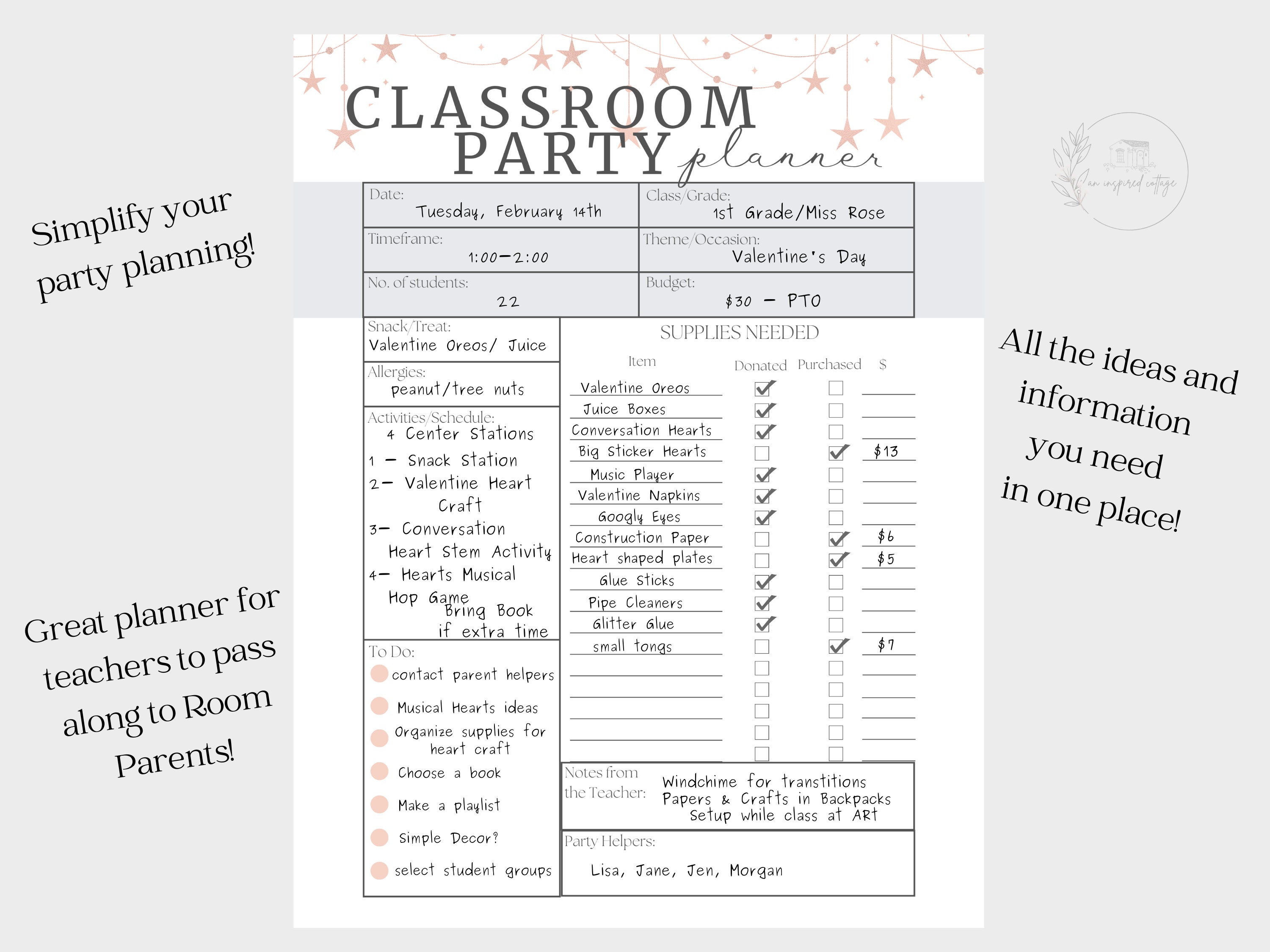 Classroom Party Planner, INSTANT DOWNLOAD, School Party Planner ...