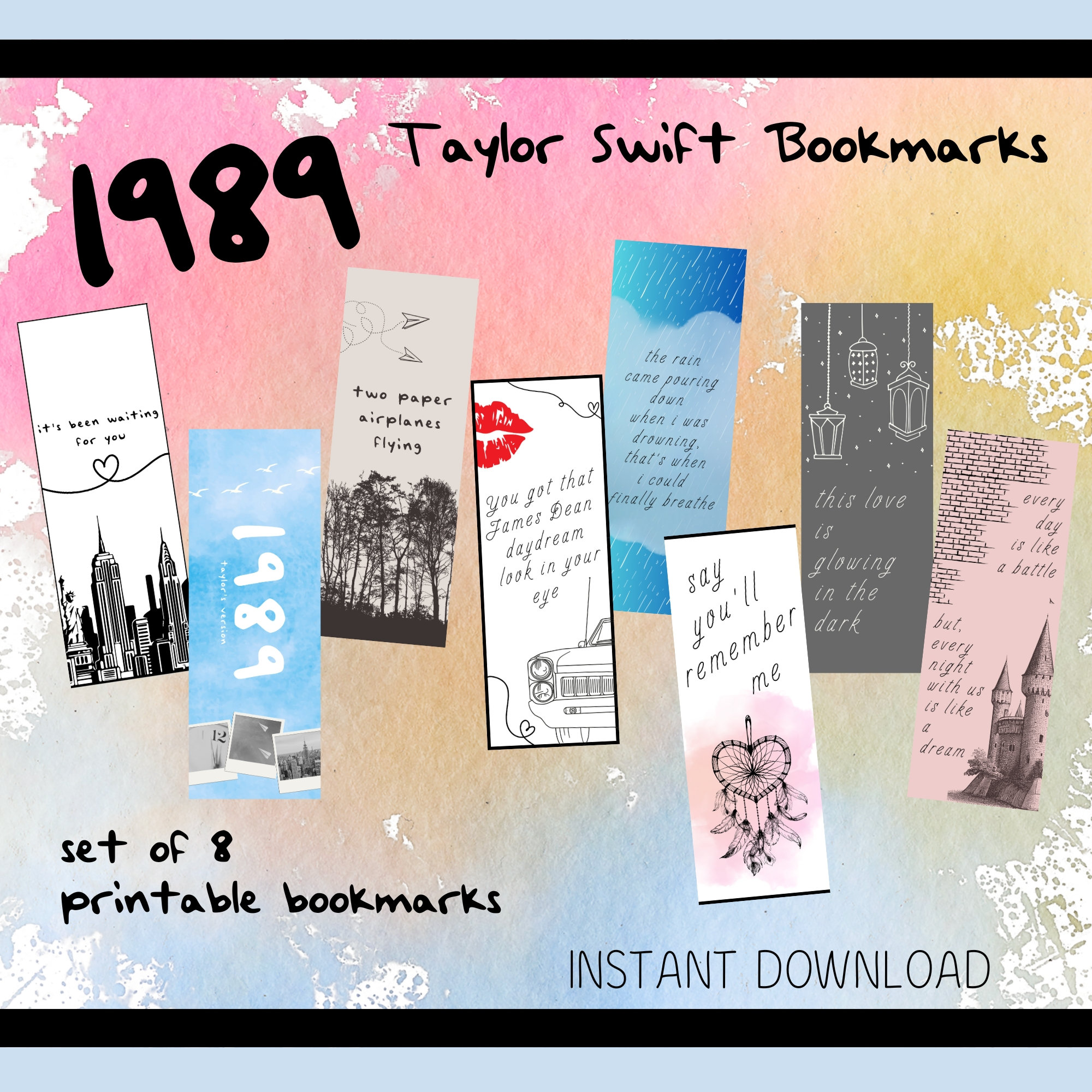 Taylor Swift 1989 Bookmarks, INSTANT DOWNLOAD, Printable Bookmarks ...