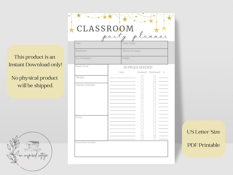 Classroom Party Planner INSTANT DOWNLOAD School Party - Etsy