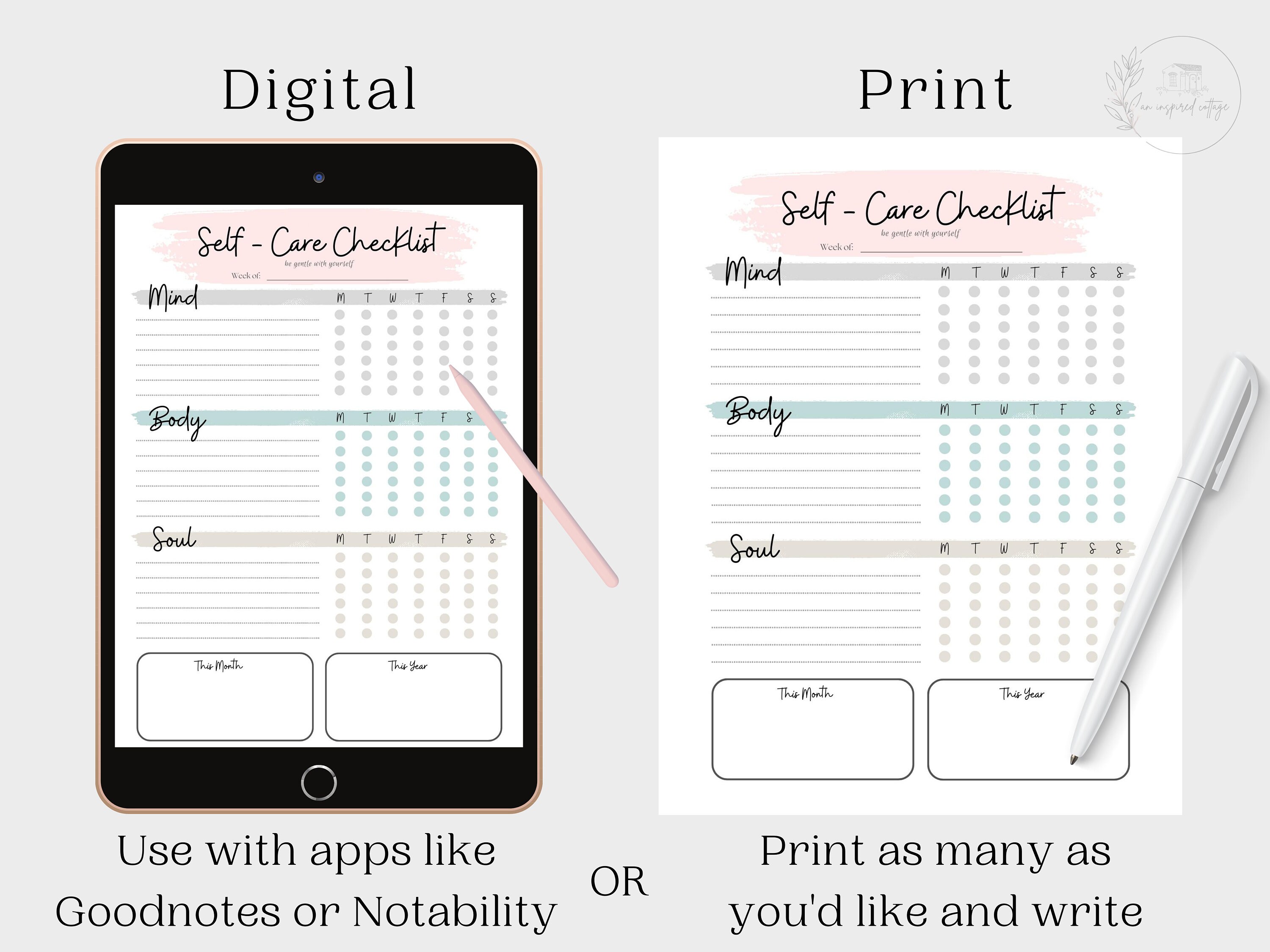 Self-care Weekly Checklist, INSTANT DOWNLOAD, Self-care Planner, Mental ...