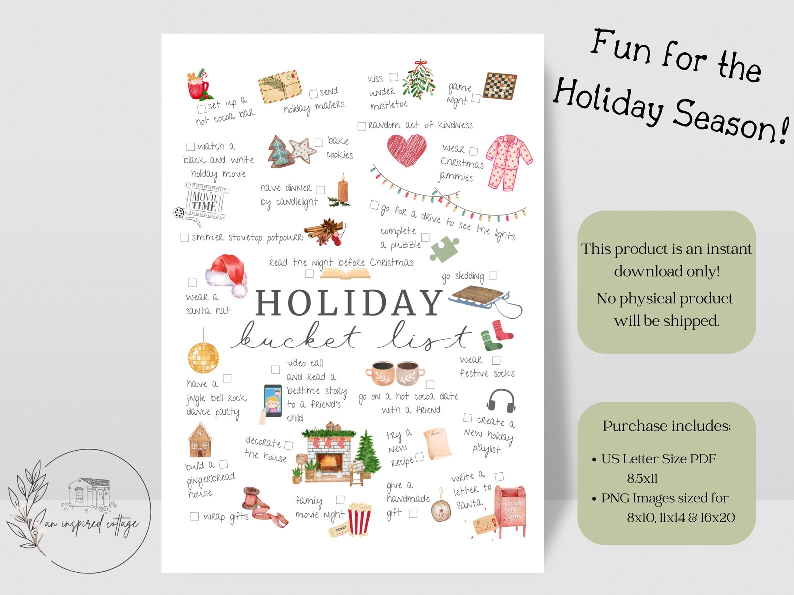 Holiday Bucket List Printable, INSTANT DOWNLOAD, Christmas Bucket List ...