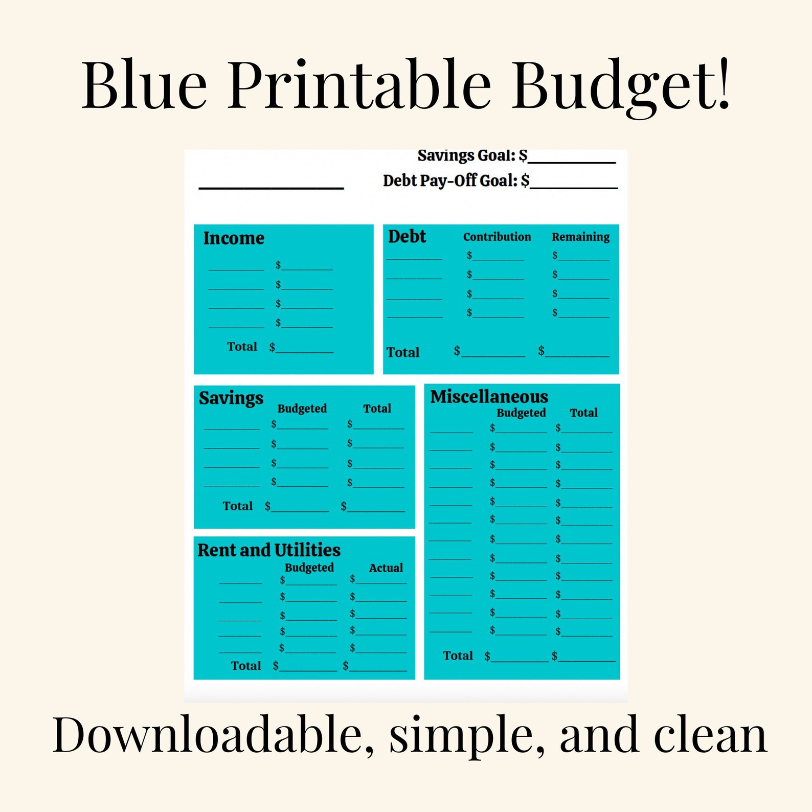 Written Budget Template Downloadable Blue Budget Simple - Etsy