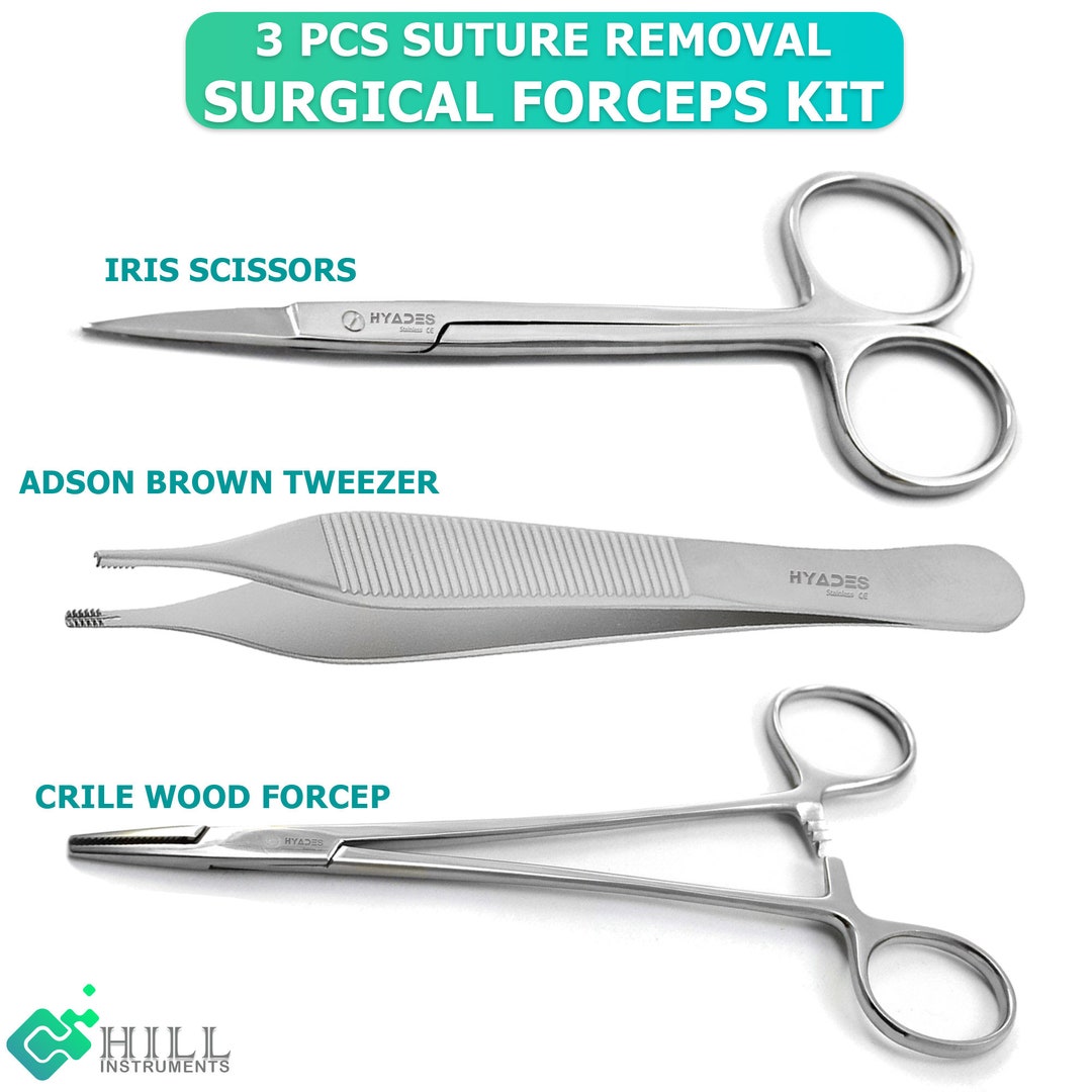 Complete 3 Pcs Suture Removal Kit: Needle Holder, Iris Scissor, Tissue Forceps, Adson Ideal for ...