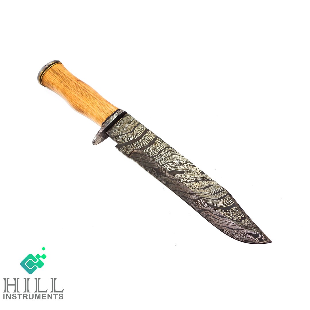 Hunting Damascus Steel, Handmade 14 Inch Knife With Leather Sheath ...