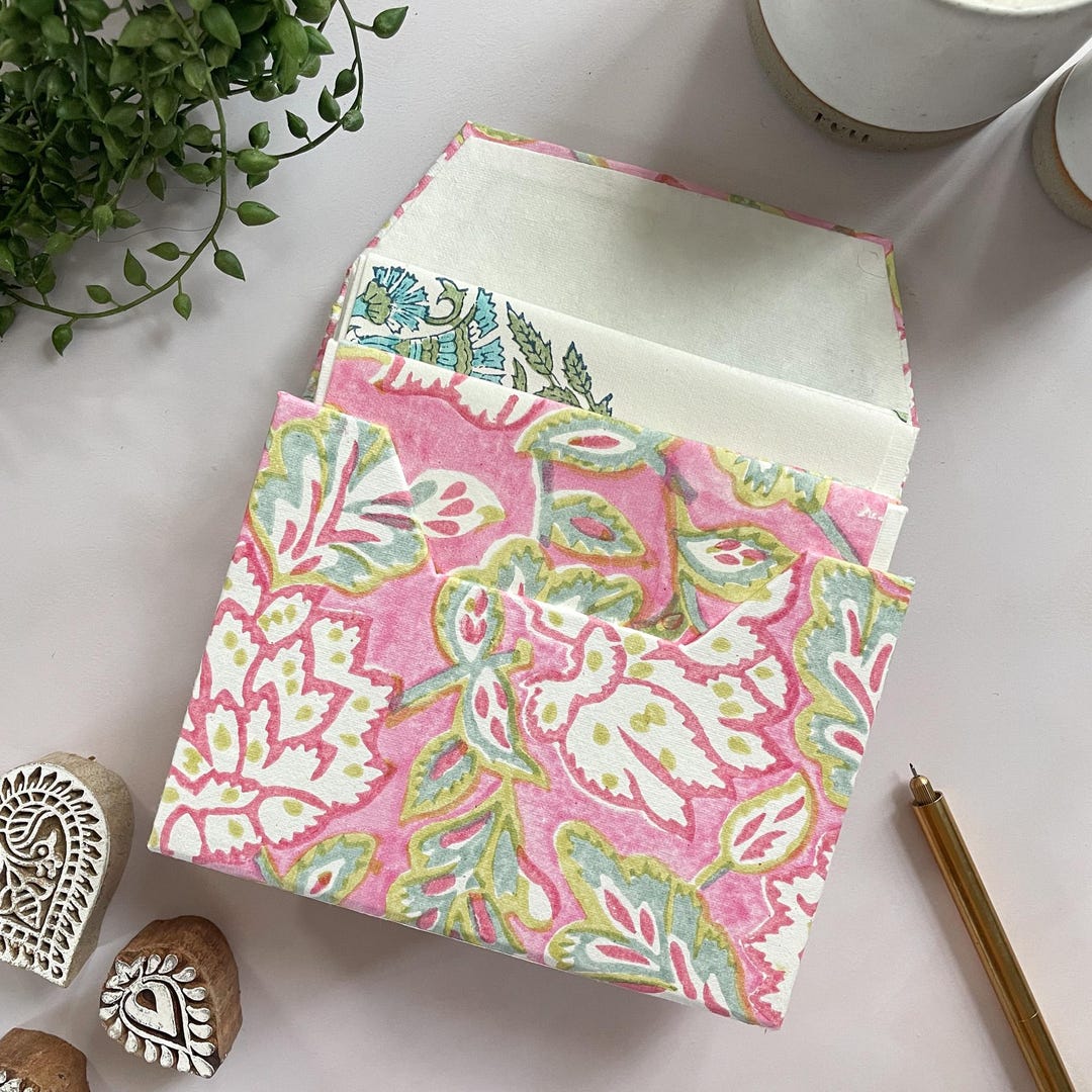 Clara Block Printed Note Card and Envelope Set in Gift Box | Handmade ...