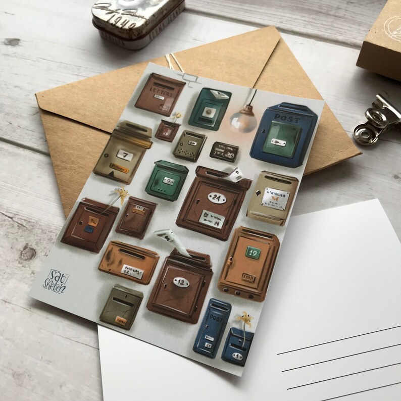 Postcard Mailboxes Art Illustration Card Postcrossing Cute Picture Flower Image Small Gift for ...