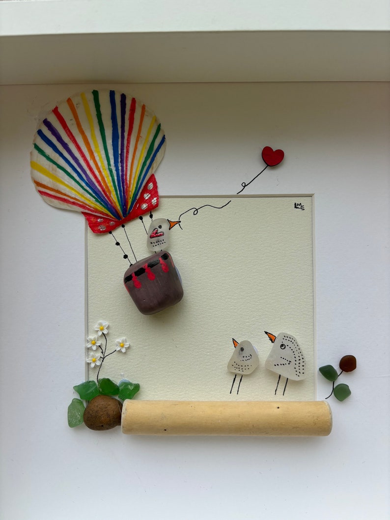 Up up and Away Handmade Sea Glass Birds in a Hot Air Balloon Framed ...