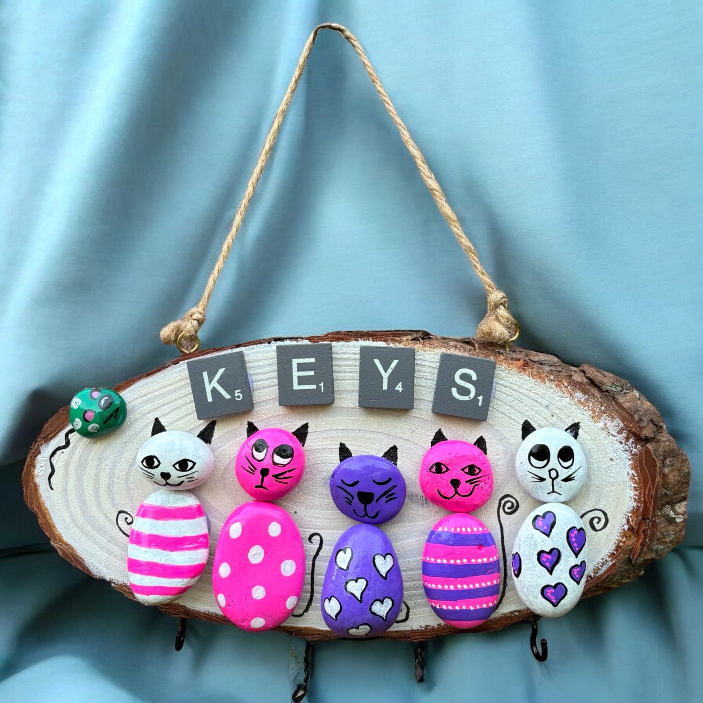 Wheres That Mouse, Painted Pebble Art Cat Wall Hanging Key Holder Cat ...