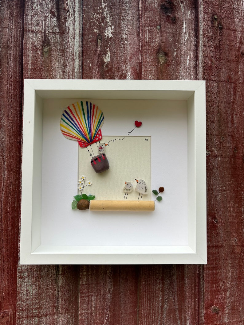 Up up and Away Handmade Sea Glass Birds in a Hot Air Balloon Framed ...