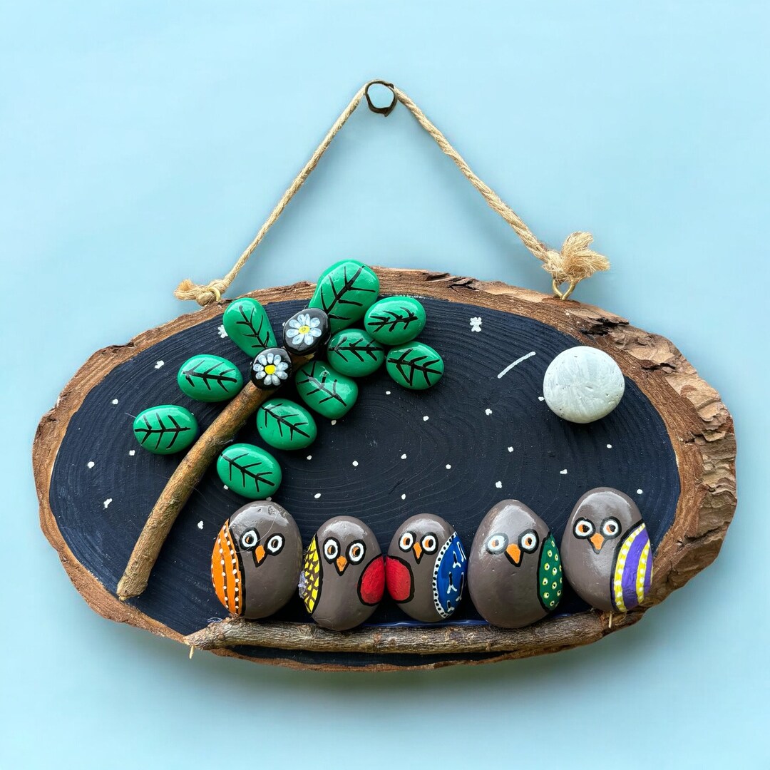 Night Owls Handmade Painted Pebble Art Wall Hanging on a 20cm Wooden ...