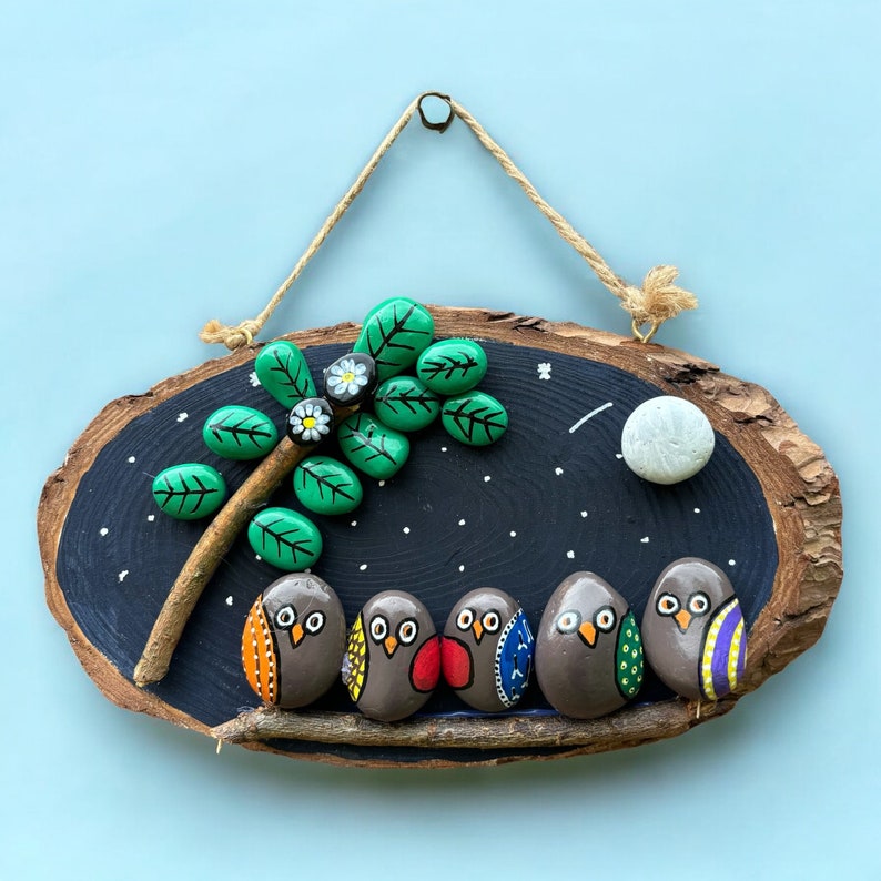 Night Owls Handmade Painted Pebble Art Wall Hanging on a 20cm Wooden ...