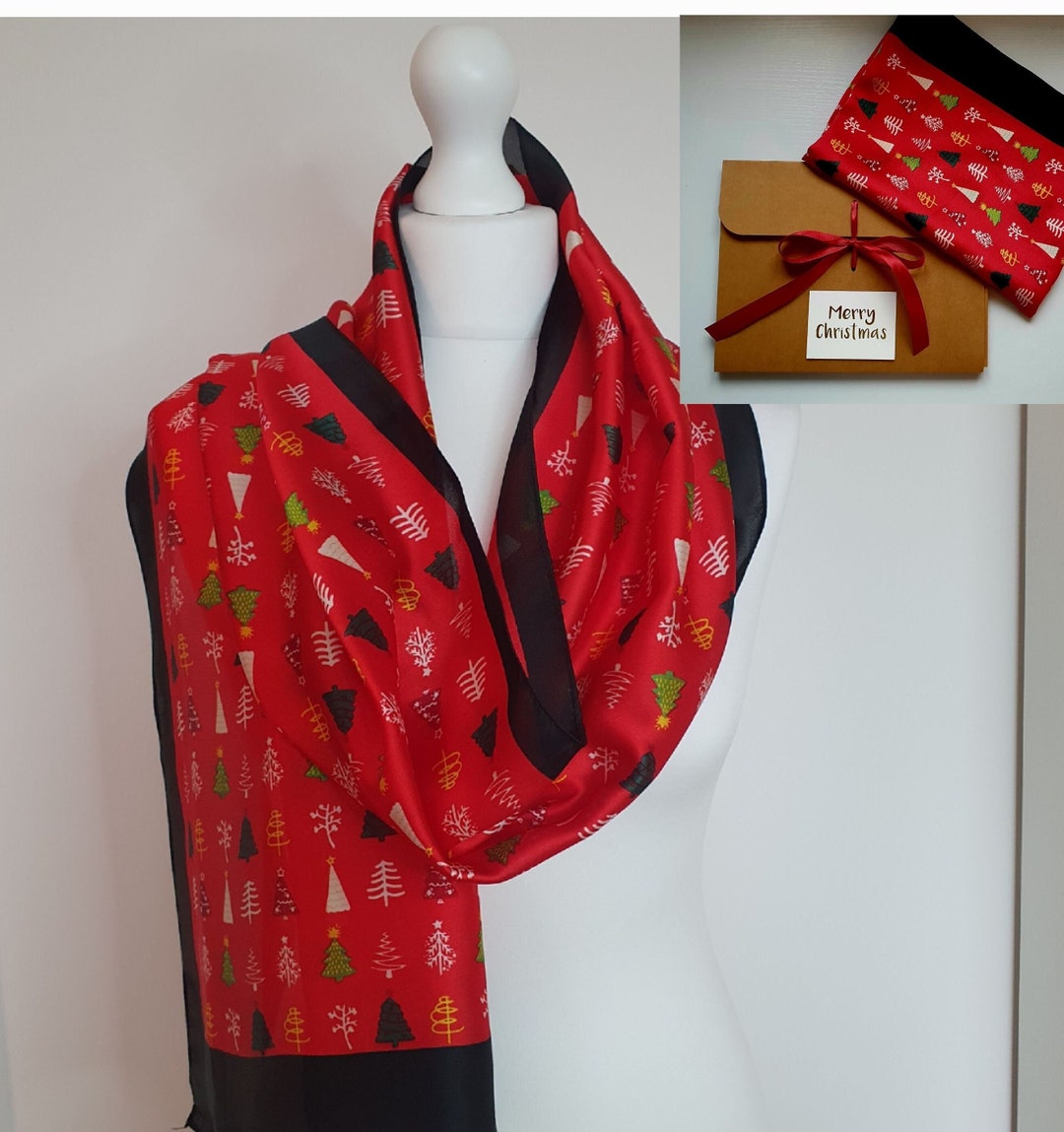 Christmas Tree Print Silk Scarf, Merry Christmas Scarf, Personalised ...