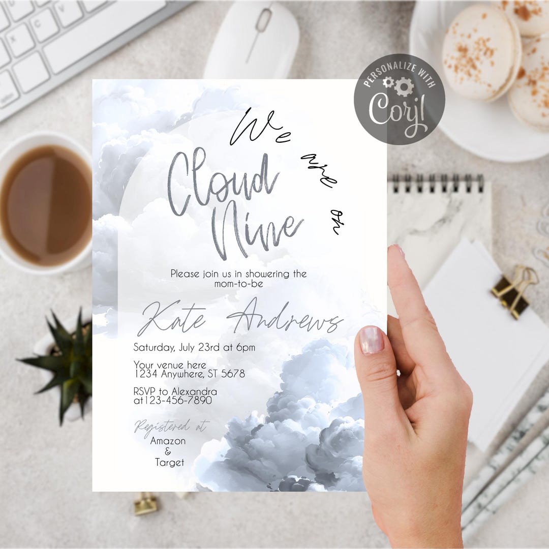 On Cloud Nine Gray Baby Shower Invitation | Editable Gray Cloud Invite ...