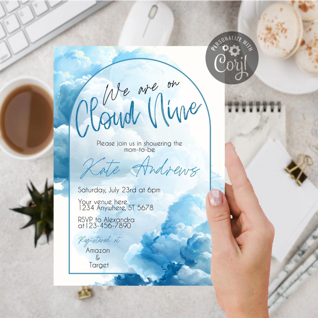 On Cloud Nine Blue Baby Shower Invitation | Editable Blue Cloud Invite ...