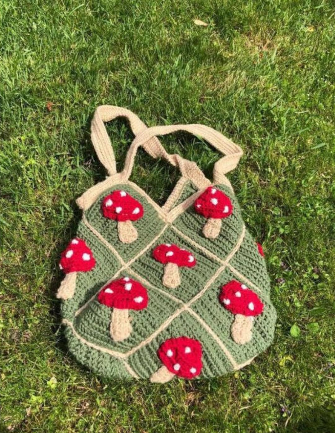 Mushroom Design Tote Knit Crochet Bag, Vegan Handmade Shoulder Bag ...
